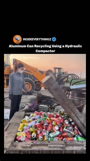 Explore l Learn l Facts on Instagram: "Aluminum can recycling using a hydraulic compactor shows how efficiency and force work together to reduce waste volume. Loose cans are fed into the machine, where powerful hydraulic pressure crushes them into dense, compact blocks. This process saves storage space, lowers transportation costs, and makes large-scale recycling faster and more economical. By compressing thousands of cans into manageable bundles, recycling plants can move and process aluminum m