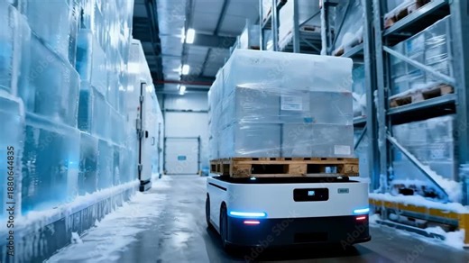 Automated guided vehicles navigating narrow freezer aisles efficiently moving pallets between blast freezers and compact storage racks in a cold warehouse environment.