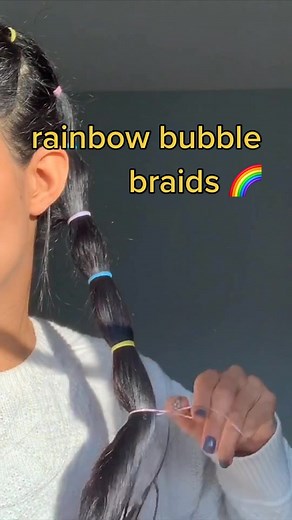 Rainbow Bubble Braids Hairstyle Tutorial | Long Hair Elastics
