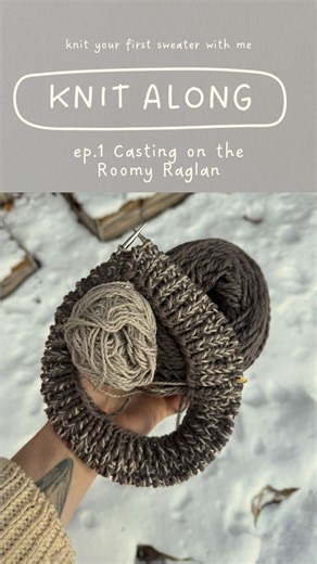 Immy Lucas | Learn to knit with me on Instagram: "Ep.1 | Knit Your First Sweater • knit along Pattern: The Roomy Raglan by @julesknitthis Or alternative raglan pattern that you’ve chosen. In today’s video we: cast on using the long tail method, we join in the round and place our stitch marker. We then work 1 round of 1x1 ribbing. We then introduce our second strand of yarn (if holding two together), then continue 1x1 ribbing until we finish the collar. Full pattern available on Ravelry, or linke