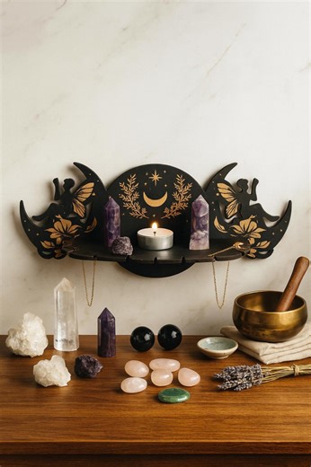 Black Crescent Moon Shelf - Fairy Crystal Display, Altar Decor - Etsy
