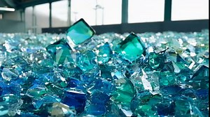 Gleaming glass cullet the result of melted down recycled glass ready to be molded into new products.
