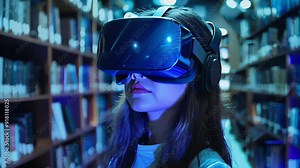 Child girl exploring virtual reality, wearing VR headset, in futuristic environment, experiencing immersive technology, colorful lights, VR gaming concep