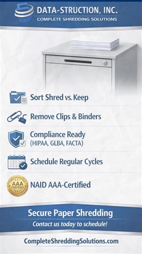 Even in today’s digital world, paper documents still pile up fast—contracts, tax records, employee files, and more. Properly preparing your documents for shredding helps protect your business from data breaches, legal risks, and compliance issues. ✔ Sort what to shred vs. what to keep ✔ Remove clips, binders, and plastic covers ✔ Follow compliance laws like HIPAA, GLBA, and FACTA ✔ Schedule regular shredding cycles ✔ Choose a NAID AAA-certified shredding provider When you’re ready for secure pap