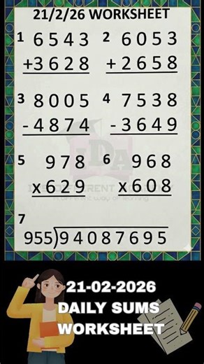 DAILY SUMS WORKSHEET 21-2-26 #WORKSHEET #MATHS #CBSE #NCERT #PRACTICE #cbse #maths #cbse#mathematics