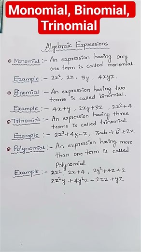 Algebraic Expression I monomial, Binomial, Trinomial, POLYNOMIALS