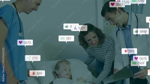 Mother holding child's hand as doctor pointing at chart, alerts spreading at hospital showing care