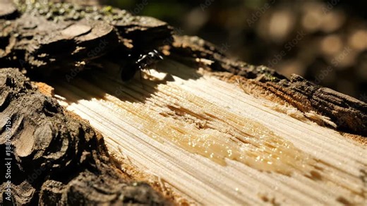 Close-up of a black ant crawling on a broken tree trunk with sap