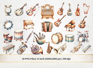 Watercolor Vintage Musical Instruments PNG, Music Clipar, Instruments Images, Instant Download, Sublimation - Etsy