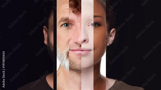 Animated aging transformation composition with male and female faces merged in strips. Concept of life stages comparison, generational diversity, identity change, inclusive social awareness campaigns.