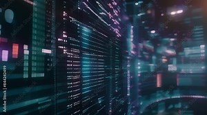 A closeup shows a computer screen displaying a realtime analysis of stock prices powered by an advanced AI program.