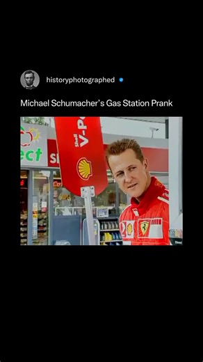 History Photographed on Instagram: "In a 2009 commercial for Shell, Michael Schumacher and a Ferrari pit crew surprised an unsuspecting driver at a gas station. ⁠ ⁠ Schumacher, initially in disguise, quickly changed into his racing gear and performed a full Formula 1-style pit stop on the customer’s car. ⁠ ⁠ The prank ended with Schumacher holding up the pit board with his signature charisma, bringing the speed and precision of the racetrack to an everyday stop for fuel.⁠ ⁠ The clever stunt show