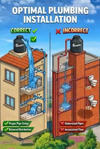 🚿 Low Pressure in the Shower – Key Points - Common Problem: Water pressure drops when multiple taps are opened (e.g., kitchen vs. shower). - Cause: Incorrect pipe sizing and premature reductions in diameter. - Right Installation (✅): - Use a main spine of 1 inch pipe from the tinaco. - Reduce only at branches or floors to 3/4 inch. - Ensures constant flow and pressure for all users. - Wrong Installation (❌): - Thin pipes used throughout. - Early reductions choke the flow. - Lower floors suffer 