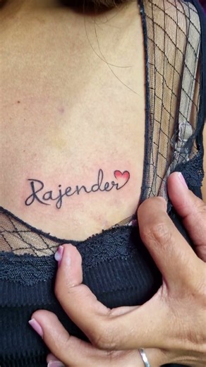 name tattoo love fine line chest tattoo," "script name tattoo on collarbone #nametattoo