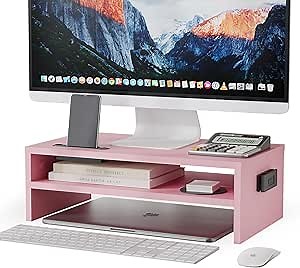 BONTEC Wooden Monitor Stand Riser, 2-Tier Desk Shelf with Storage Organizer, Ergonomic Computer Stand with Cable Management, Cellphone Holder, Pink, 16.5 Inch