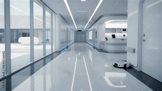 Modern sterile hospital corridor with reflective floors and bright overhead lighting, featuring glass walls looking into patient rooms and a reception desk in the distance.