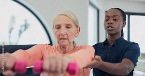 Old woman, physiotherapy and dumbbell fitness for rehabilitation or arm mobility consultation, recovery or joint pain. Elderly person, assessment and muscle injury for wellness, progress or support
