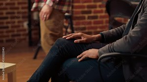 Therapist listening to man complaining about marriage, attending couple therapy session to give counseling advice. Psychiatrist doing relationship psychoanalysis to help. Close up.