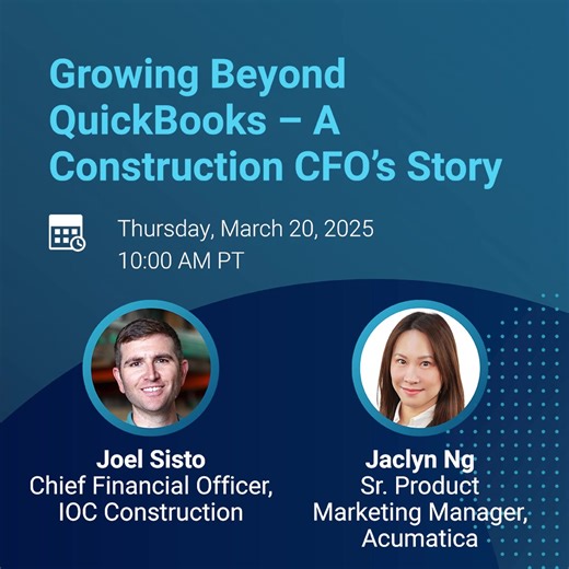 Happening this morning! Join Joel Sisto, CPA at 10 AM PT to learn how IOC Construction upgraded from QuickBooks to Acumatica for better cash flow, job costing, and efficiency! https://acumati.ca/4kFqN2c | Acumatica