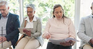CV, interview or technology and business people waiting in line for a meeting with a human resources. Resume, hiring and recruitment with a man and woman employee sitting in a row at an office