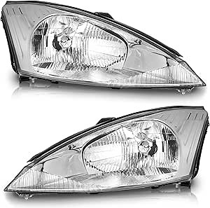 WEELMOTO Headlights Compatible with 2000-2004 Ford Focus, Headlight Assembly Replacement for 00 2001 2002 2003 04 Ford Focus Headlamp Chrome Housing Clear Reflector Left+Right Side