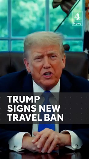 President Trump has signed a new travel ban covering citizens from 12 countries - most of them in Africa and the Middle East. A partial ban will also come into force for people from another seven countries. The move revives a policy from Mr Trump's first term, as part of his sweeping crackdown on immigration. The president cited a number of reasons for his ban, including national security and people overstaying visas, declaring "we don't want them". #Trump #US #TravelBan #Immigration #Channel4Ne