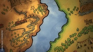 drawing of old treasure map with islands for nautical medieval epic fantasy adventure with pirates - animated tour of manuscript illustration with lands, ocean, sea monsters and ships