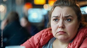 Emotional moment at a busy restaurant during lunchtime with a fat woman looking concerned. The problem of excess weight depression Stock Video