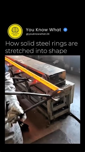 YouKnowWhat on Instagram: "This process is called ring rolling. A solid steel block is first heated until it becomes red hot and malleable. A hole is pierced at the center, creating a donut-shaped piece. That hot ring is then placed on a rolling machine where rotating rollers apply pressure while stretching it outward. As the ring rolls, the inner diameter expands and the outer diameter grows, all without welding or seams. After reaching the desired size, the ring undergoes heat treatment to inc