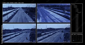 Surveillance CCTV monitoring screen template with multiple cameras view with traffic on the road, Security camera system oncept, CCTV User interface video overlay