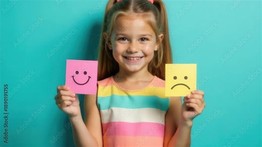 Video A young child holds up two smiley face stickers, symbolizing joy and happiness
