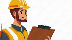 Cartoon or animation of male engineer wearing yellow hat, safety suit, holding clipboard talking. Copy Space for font insert.
