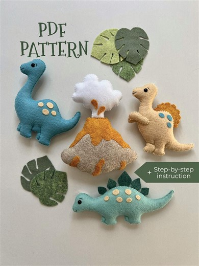 Felt PDF Pattern Dinosaurs and Step-by-step Tutorial. Set of 4 Pattern Dino Toys Wich Volcano - Etsy UK