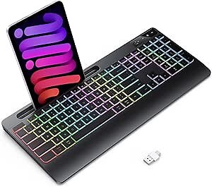 TECURS 2.4G Wireless Gaming Keyboard With Wrist Rest, Phone Holder - Rechargeable Ergonomic LED Backlit Silent Keyboard for PC/MAC/Windows