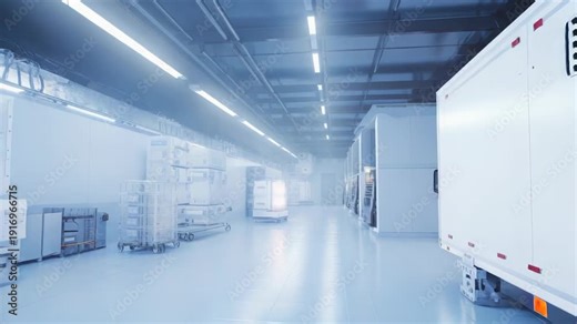 Modern distribution center interior with autonomous guided vehicles and large storage units, creating an efficient and advanced logistics and storage environment
