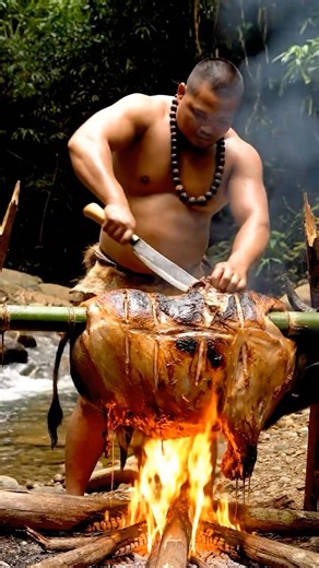 Tribal Man Cooking a Whole Wild Buffalo Primitive Roast | Giant Roast Tribe