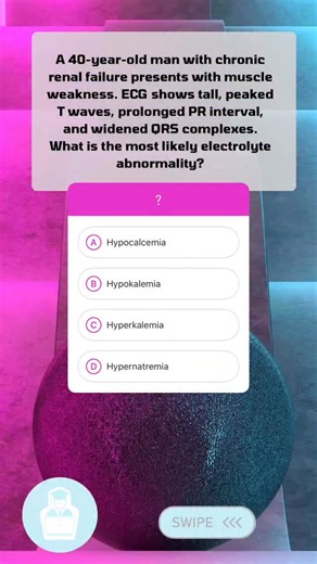 YouGottaPractice on Instagram: "Explanation: • A ❌ Hypocalcemia: Produces prolonged QT interval, not peaked T waves. • B ❌ Hypokalemia: Causes flattened T waves, U waves, and ST depression. • C ✅ Hyperkalemia: Classically produces tall, tented T waves, PR prolongation, and eventual QRS widening, leading to sine-wave morphology if severe. • D ❌ Hypernatremia: Does not produce specific ECG changes."