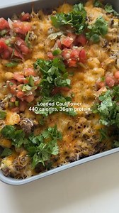 My loaded broccoli was so popular... so I made some Loaded Cauliflower! Here’s the recipe 🔥👇 4 servings // 440 calories, 36gm protein each ________________ 8 cups cauliflower florets 1oz ground beef 1 ⅓ cups Mexican cheese 1 Tbsp avocado oil taco seasoning, salt, cilantro, Pico de Gallo Directions 1. Preheat oven to 400F. 2. Spray a pan with an oil spray, cook ground beef until done. 3. Add cauliflower to an oven-safe pan, mix in oil, in garlic salt, and taco seasoning. 4. Roast cauliflower fo