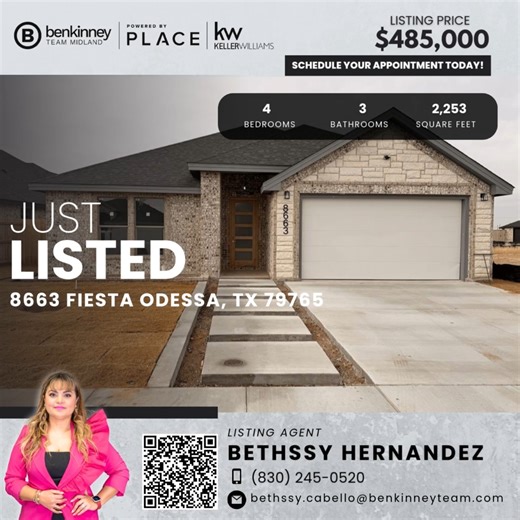 🔥✨#justlisted🏡 by Bethssy Hernandez✨🔥 📍𝟖𝟔𝟔𝟑 𝐅𝐢𝐞𝐬𝐭𝐚 𝐎𝐝𝐞𝐬𝐬𝐚, 𝐓𝐗 - $𝟒𝟖𝟓,𝟎𝟎𝟎 (𝘛𝘰 𝘴𝘦𝘦 𝘢𝘭𝘭 𝘵𝘩𝘦 𝘥𝘦𝘵𝘢𝘪𝘭𝘴 & 𝘱𝘩𝘰𝘵𝘰𝘴, 𝑠𝑐𝑎𝑛 𝑄𝑅 𝑐𝑜𝑑𝑒 𝑜𝑟 𝘤𝘭𝘪𝘤𝘬 𝘵𝘩𝘦 𝘭𝘪𝘯𝘬 𝘪𝘯 𝘵𝘩𝘦 𝘤𝘰𝘮𝘮𝘦𝘯𝘵) ✨𝐁𝐞𝐚𝐮𝐭𝐢𝐟𝐮𝐥 𝐜𝐮𝐬𝐭𝐨𝐦 𝐧𝐞𝐰 𝐜𝐨𝐧𝐬𝐭𝐫𝐮𝐜𝐭𝐢𝐨𝐧 𝐡𝐨𝐦𝐞, 𝐧𝐞𝐚𝐫𝐥𝐲 𝐜𝐨𝐦𝐩𝐥𝐞𝐭𝐞𝐝, 𝐥𝐨𝐜𝐚𝐭𝐞𝐝 𝐢𝐧 𝐭𝐡𝐞 𝐡𝐢𝐠𝐡𝐥𝐲 𝐝𝐞𝐬𝐢𝐫𝐚𝐛𝐥𝐞 𝐄𝐧𝐜𝐥𝐚𝐯𝐞 𝐚𝐭 𝐕𝐢𝐥𝐥𝐚 𝐑𝐨𝐬𝐚✨. Prime location between Midland and Odessa; proper