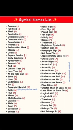 🔵 English Grammar Vocab 🌍 on Instagram: "Symbol names in English."