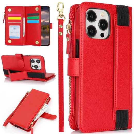 [$5.35] For iPhone 16 Pro Max Wristband Holder Zipper Purse RFID Leather Phone Case(Red)