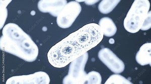 Microscopic video of rod-shaped bacillus bacteria suspended in a clear liquid medium, slowly drifting and tumbling with fluid currents