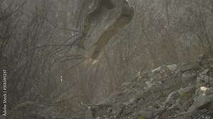 Building demolition. A huge machine arm destroys the house. Dust, debris, bricks, shards fly down. Recorded in slow motion.,