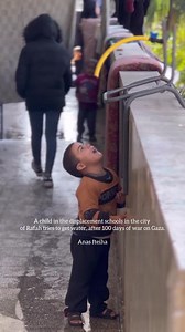 A child in the displacement schools in the city of Rafah tries to get water, after 100 days of war on Gaza. #gaza_under_attack | Friends of Palestine
