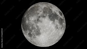 Full moon with relief details, moon surface. Animation revealing the moon laterally, and fade in and fade out. Near side of the moon. Isolated. Composition. 3d illustration.