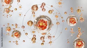 Cosmetic Essence oil Liquid drop with molecule, Atomic structure, electrons orbiting the nucleus, gluta cosmetic product advertising background, collagen serum drop, loop animation, 3d render