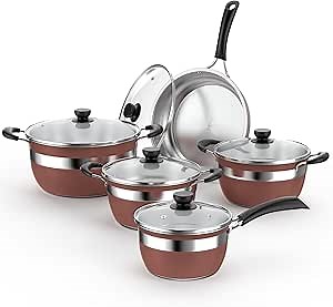Stainless Steel Cookware Sets 10 Piece,Pots and Pans Kitchen Set with Tempered Glass Lid & Stay Cool Handles,Kitchen Cooking Sets Compatible with Gas,Electric & Induction,Dishwasher Safe