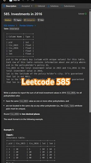 Leetcode 585 in 50 Seconds | SQL 50 Challenge #sql #coding #learnsql #sql50 #sqlinterview