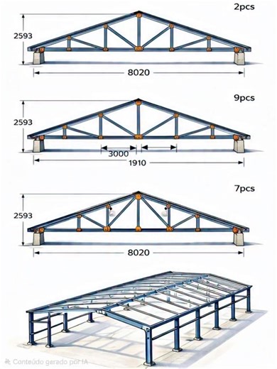 Steel roof truss layout showing span, height, and quantity arrangement for an industrial shed structure. | Bom Pedreiro