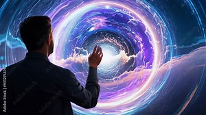 Exploring a cosmic vortex visualization with a man observing at a digital art exhibit in a modern gallery